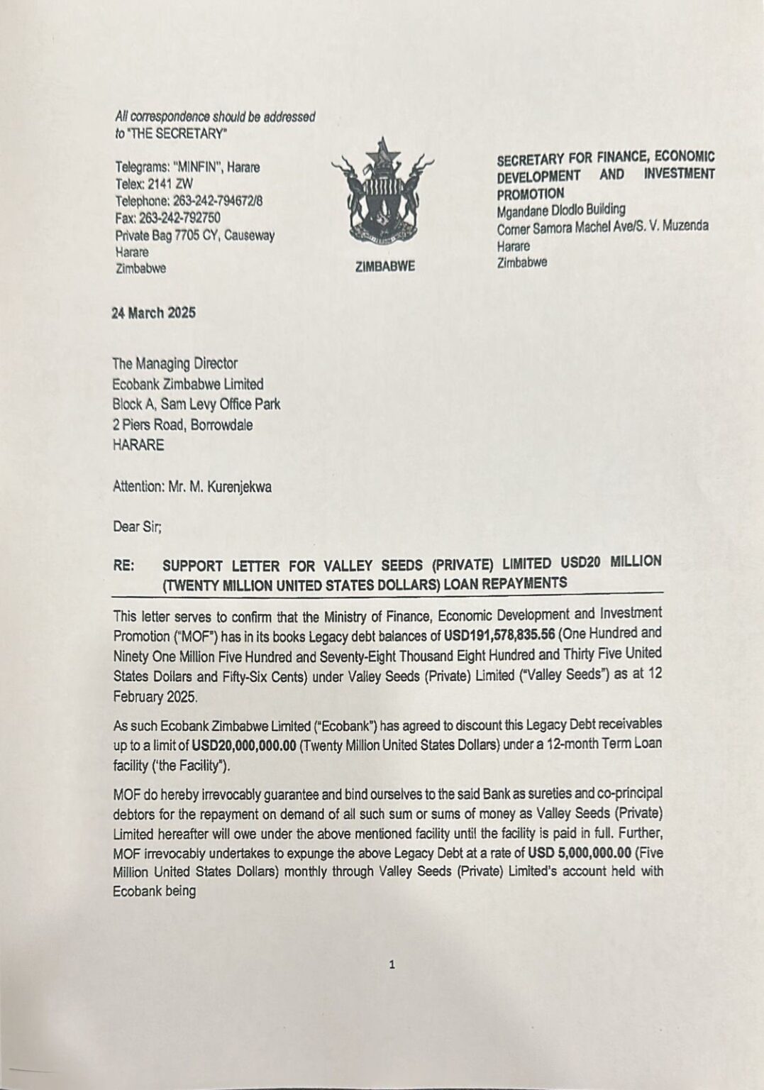 Treasury secretary Guvamatanga gave company ‘illegal’ bank guarantee on ...